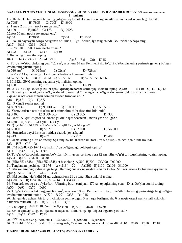 Majburiy blok uchun 4 ta variant | PDF