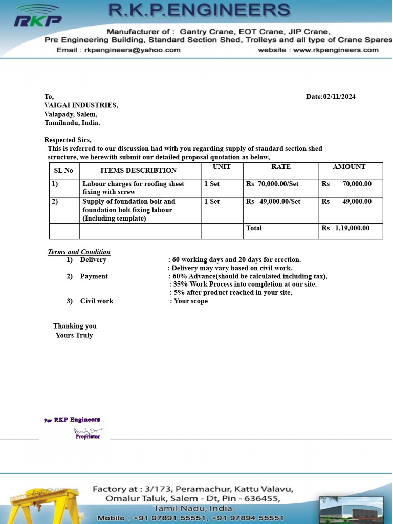 Proposed STD Section Shed Quotation Vaigai Industries 2 | PDF