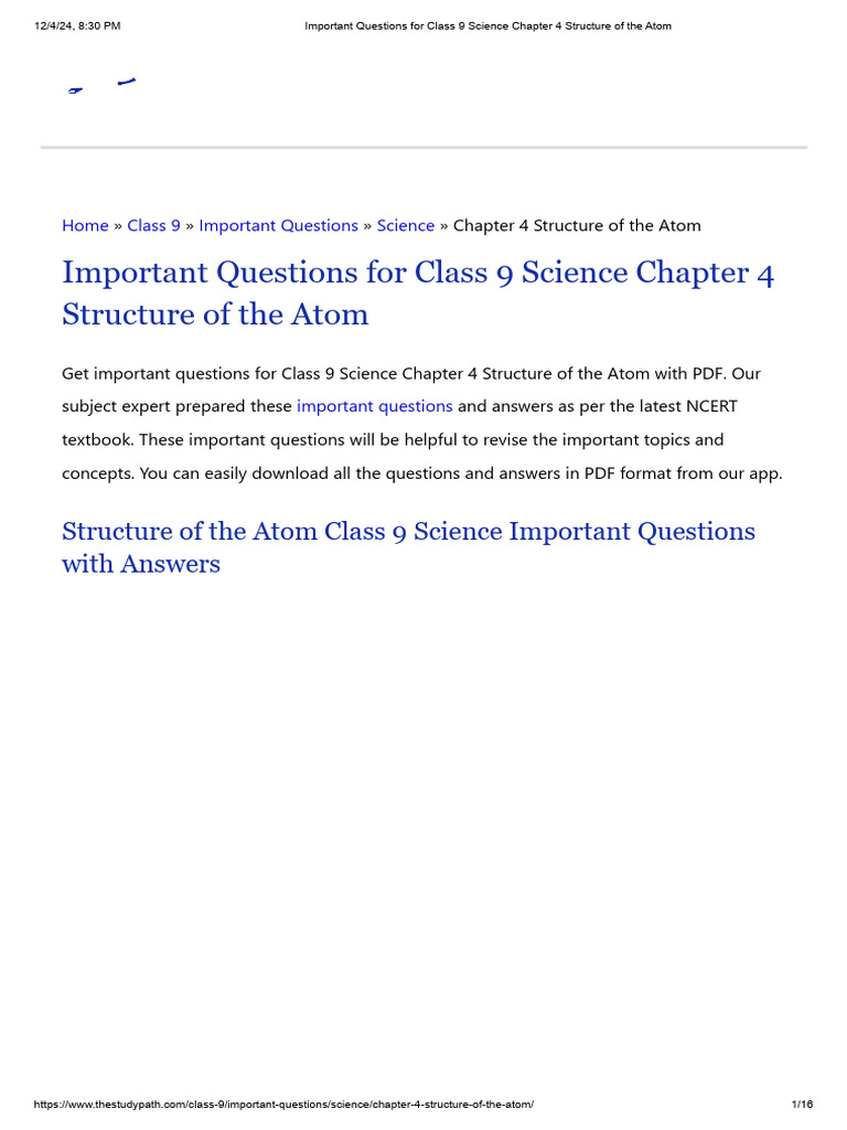 Important Questions for Class 9 Science Chapter 4 Structure of the Atom ...