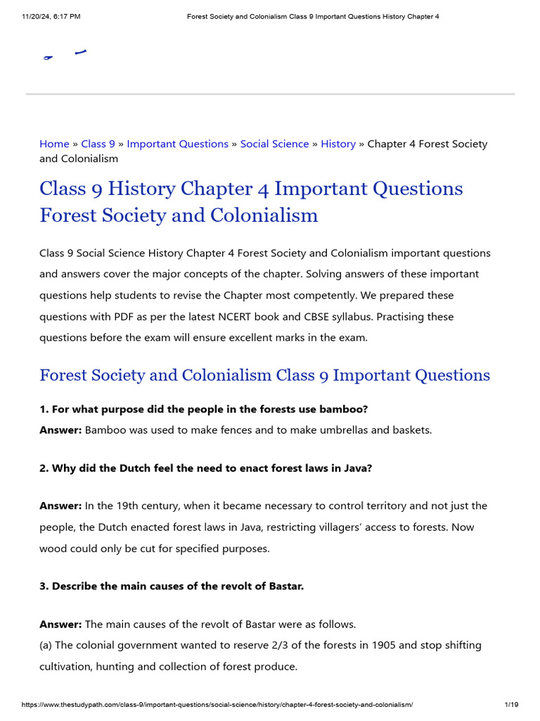 Forest Society and Colonialism Class 9 Important Questions History ...