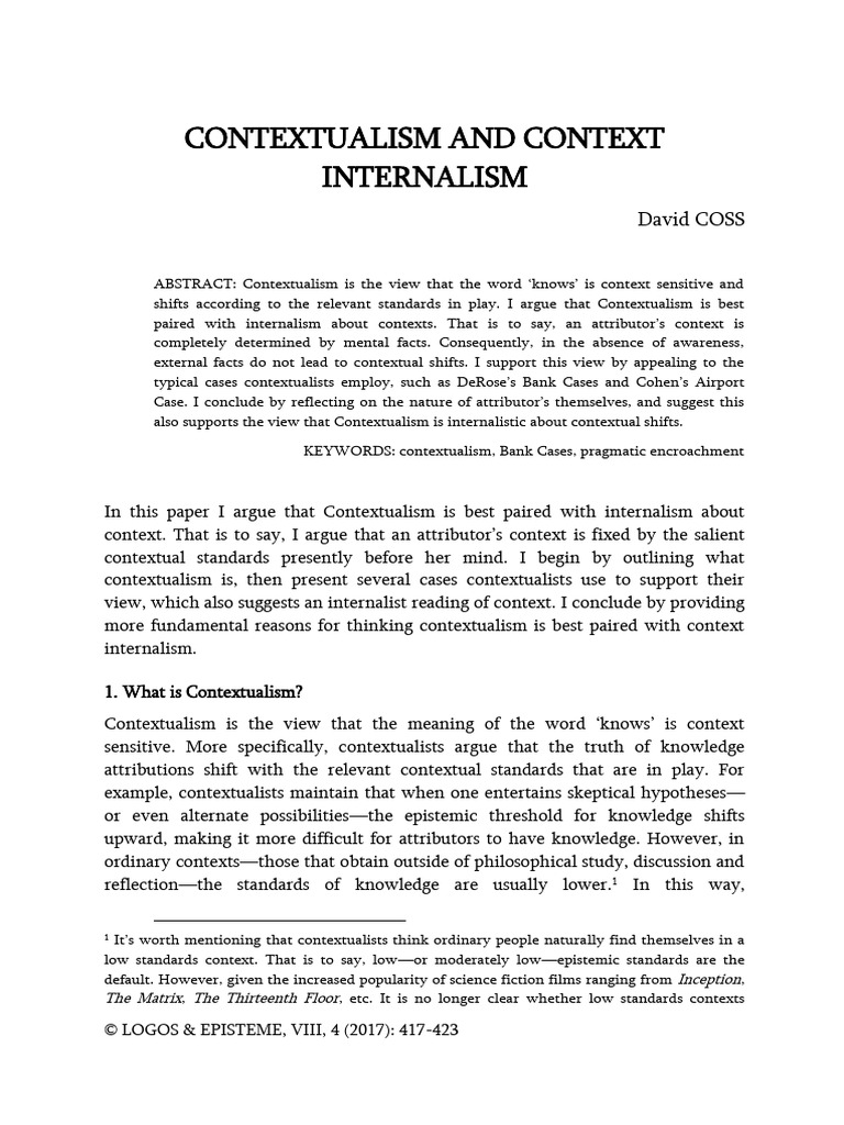 Contextualism and Context Internalism | PDF | Internalism And ...