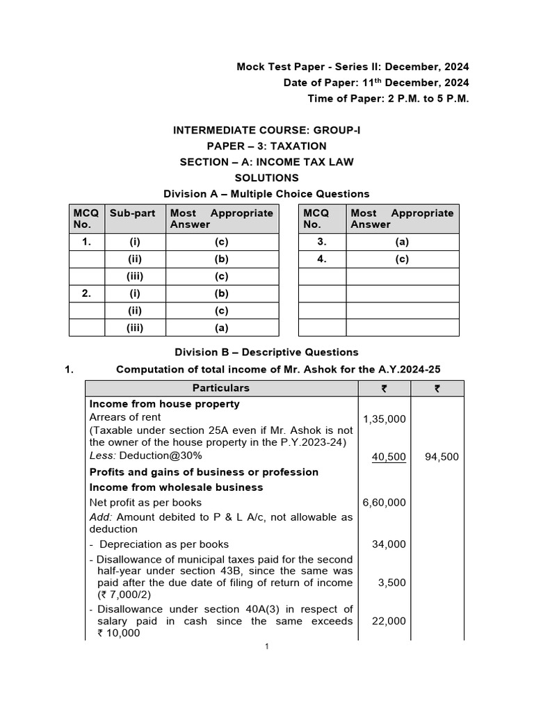 CA Inter Jan 25 Taxation Solutions | PDF | Tax Deduction | Capital ...