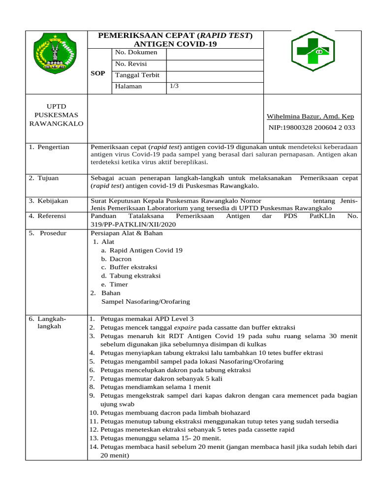 Sop RDT Antigen Covid-19 | PDF