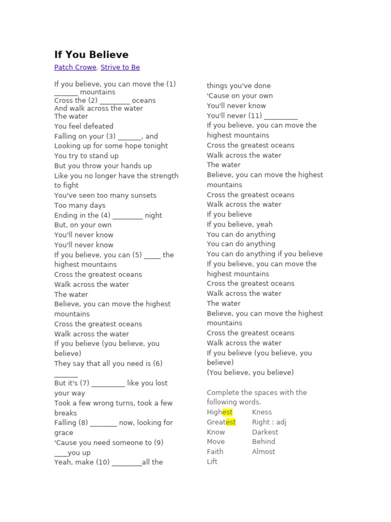 If You Believe - Patch Crowe Lyrics | PDF