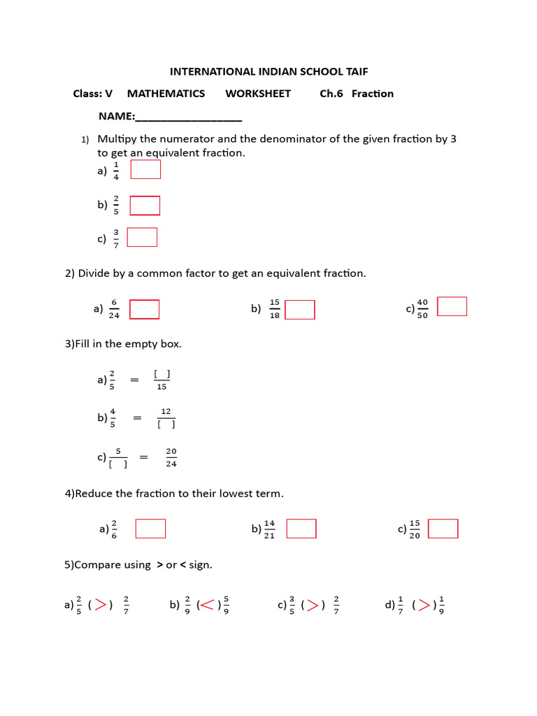 Class 5 Maths Ch.6 Fraction Worksheet | PDF | Division (Mathematics ...