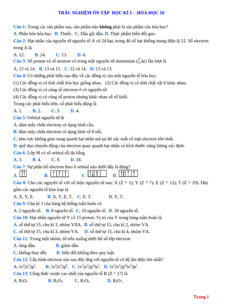 Trac Nghiem On Tap Hoa 10 HK1 Nam 2022 2023 | PDF