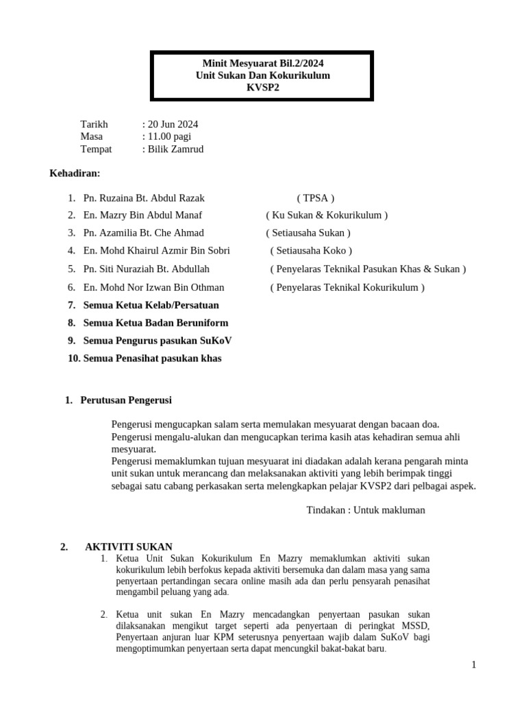 Minit Mesyuarat unit sukan koko bil 2 2022 | PDF