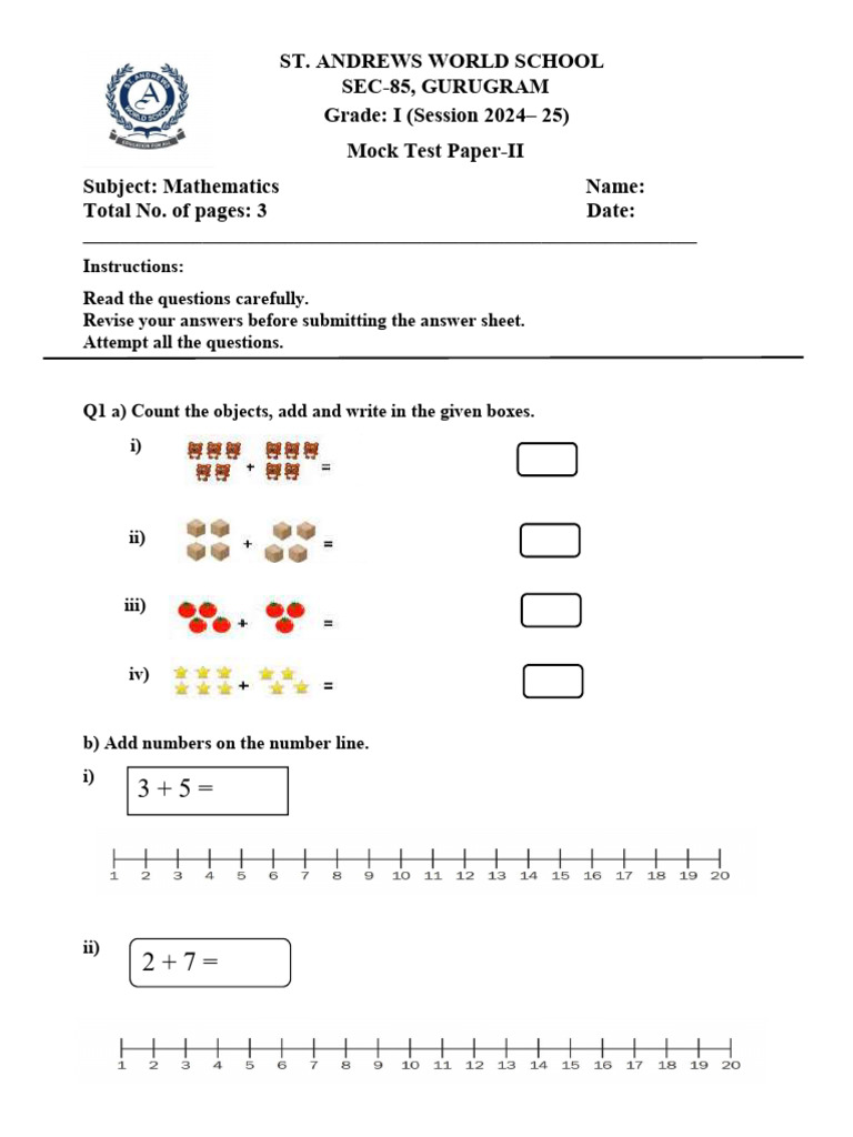 Grade 1 Math Mock Test | PDF