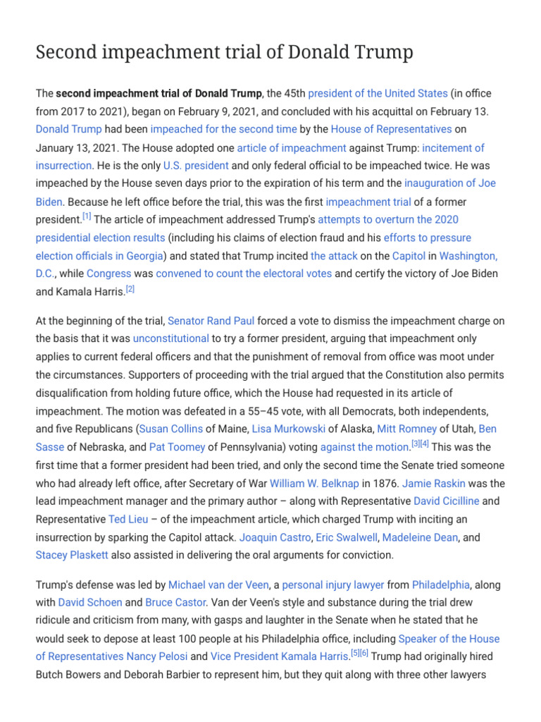 Second Impeachment Trial of Donald Trump - Wikipedia | PDF | Government ...