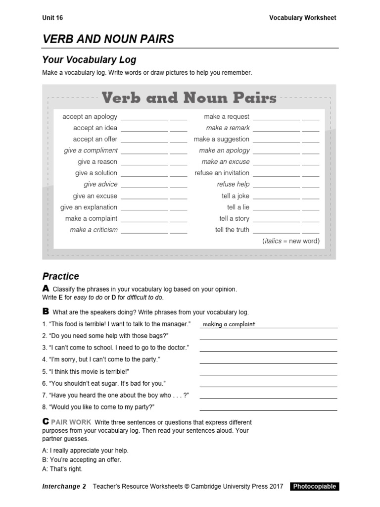 Interchange5thEd_Level2_Unit16_Vocabulary_Worksheet | PDF