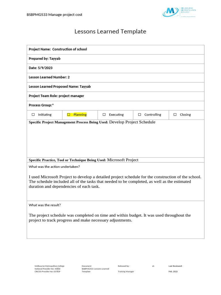 Lessons Learned Template | PDF | Project Management | Computing