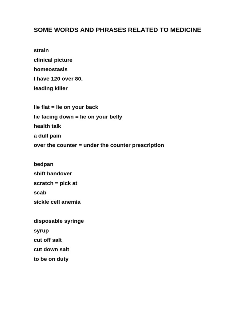 Some Words and Phrases Related to Medicine | PDF