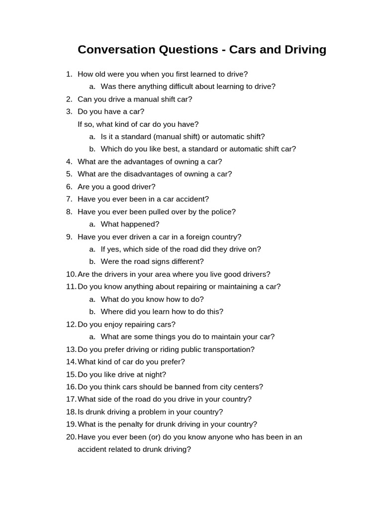 Conversation Questions - Cars and Driving | PDF | Driving Under The ...