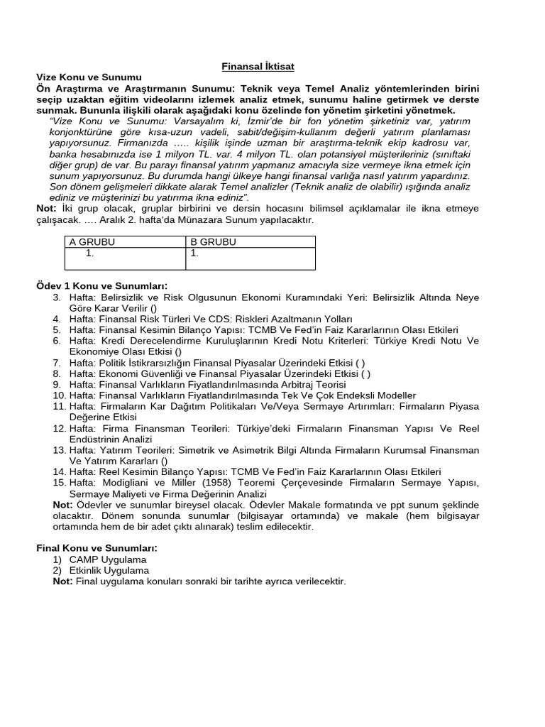 Finansal Iktisat Vize Odev Final Konulari 2021-2022 | PDF