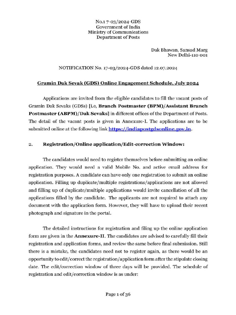 Notification India Post Circle GDS 2024 | PDF
