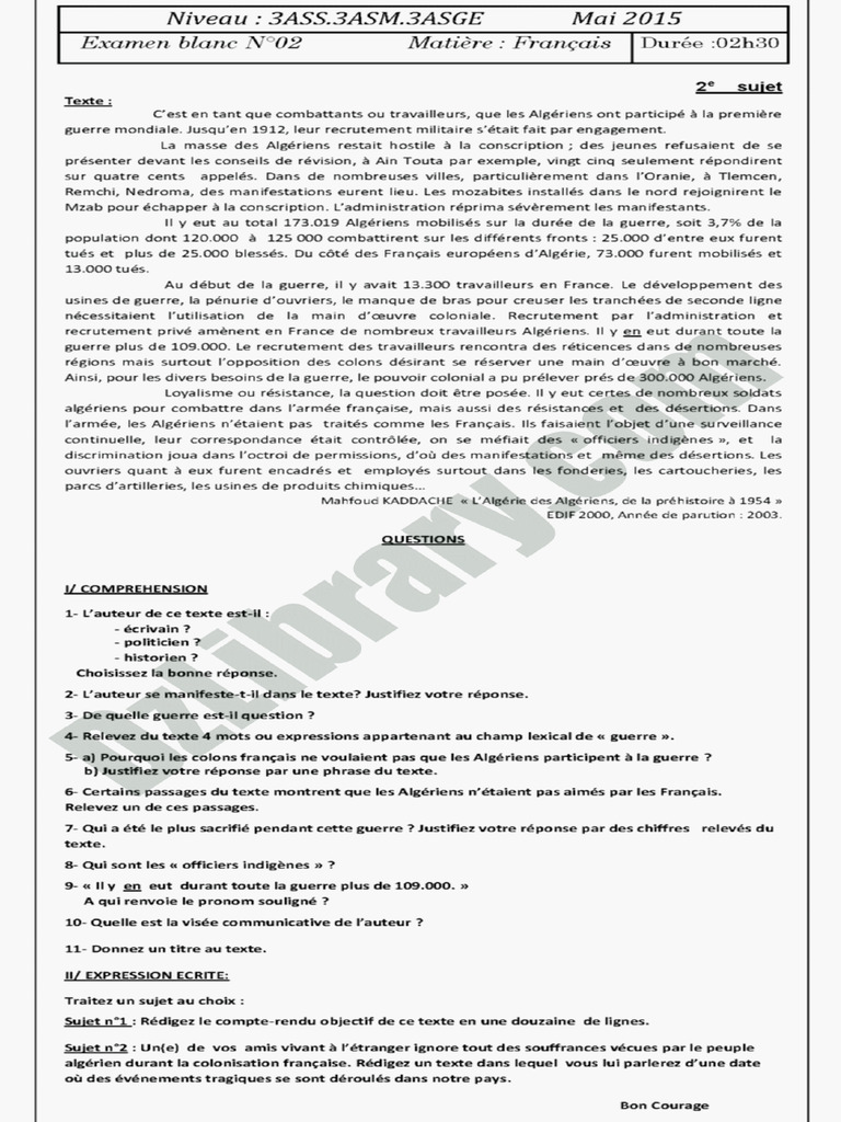 Dzexams 3as Francais t3 20151 406765 | PDF