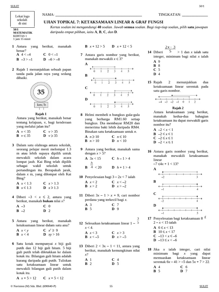 Maths F1 Ketaksamaan Linear F2 Graf Fungsi | PDF