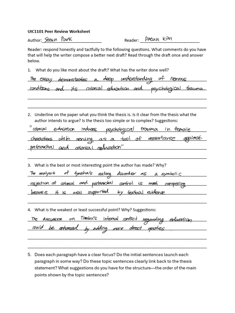 UIC1101 Peer Review Worksheet | PDF | Essays
