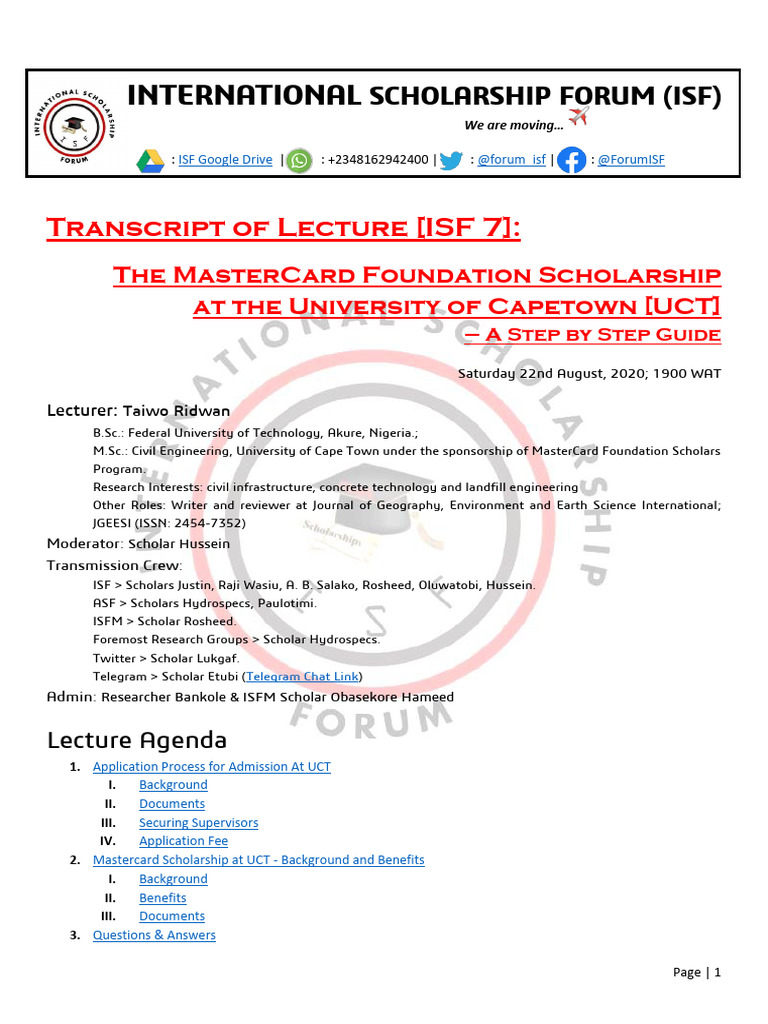 UCT MasterCard Foundation Scholarship - University of Capetown | PDF | Postgraduate Education ...