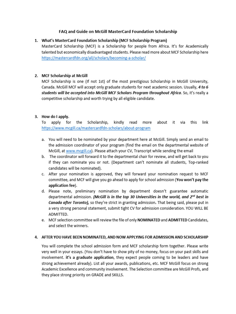 FAQ and Guide On McGill MCF Scholarship - Hammed | PDF