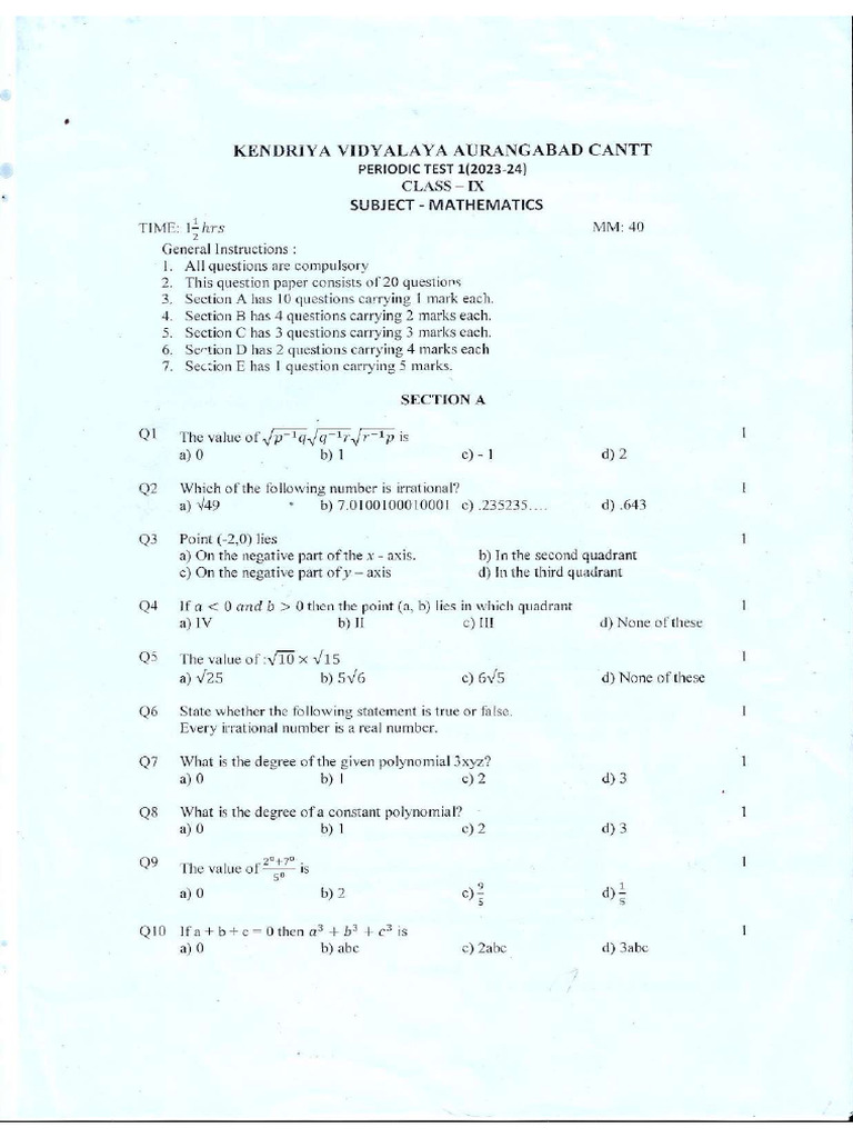 KV Abad S1 PT1 Math Jul2023 p1 | PDF