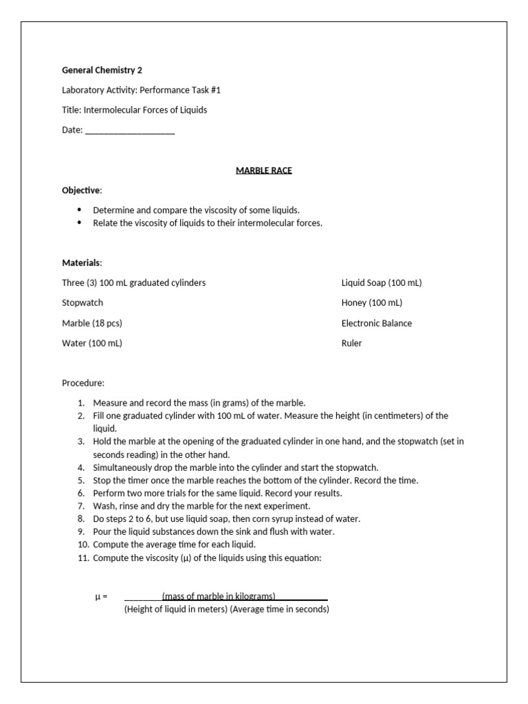 General Chemistry 2 Performance Task 1 Intermolecular Forces of Liquids ...