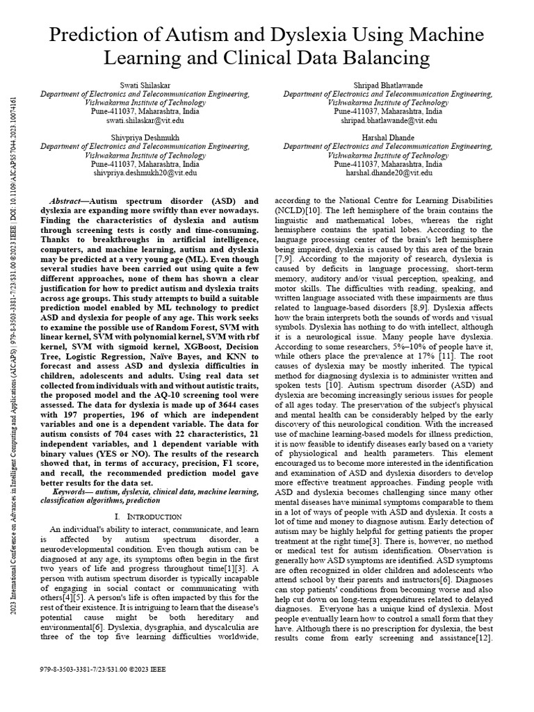 Prediction Of Autism And Dyslexia Using Machine Learning And Clinical Data Balancing Pdf