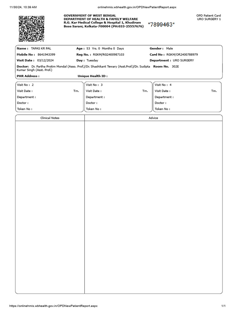 Tapas OPD Ticket RGKar | PDF