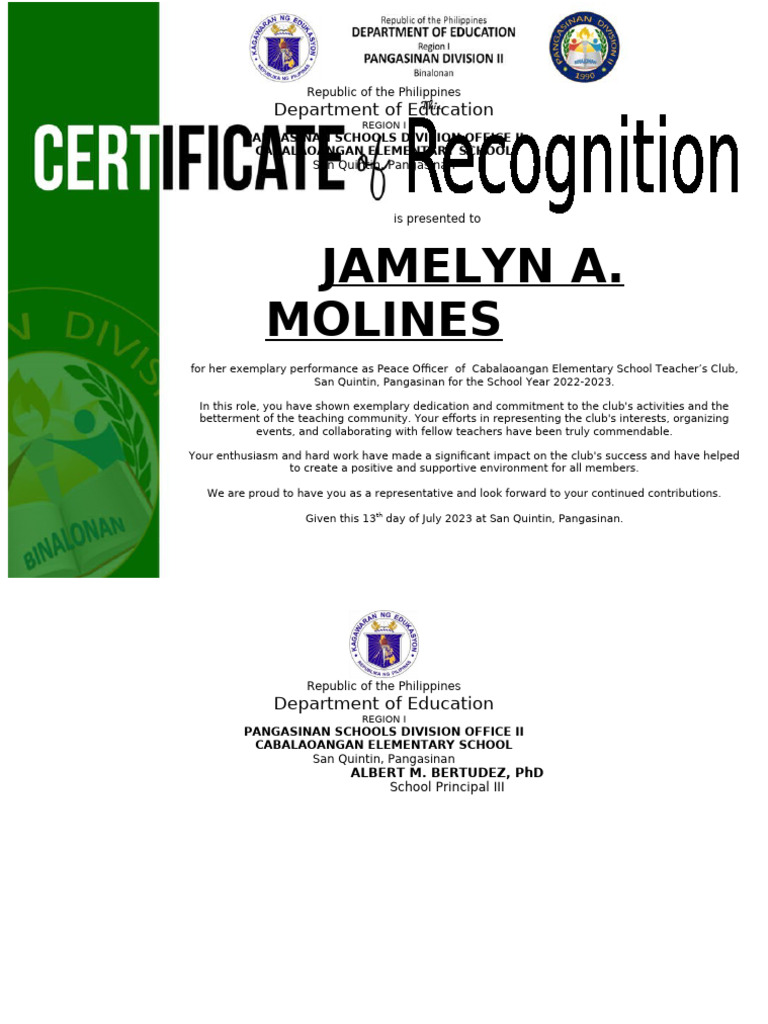 Certificate of Recognition for SPTA Officer | PDF