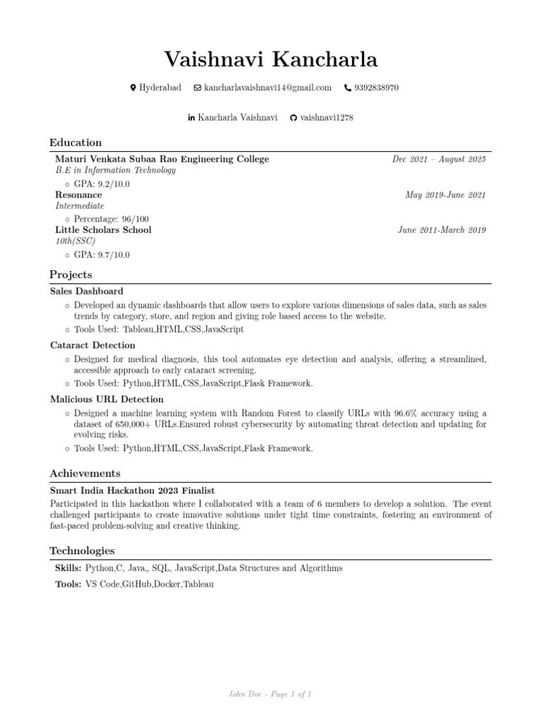 RenderCV Sb2nov Theme | PDF