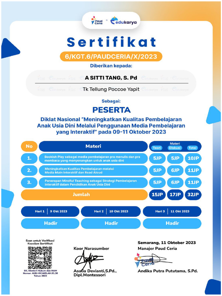 Sertifikat Diklat Media Interaktif PAUD - A SITTI TANG, S. Pd | PDF