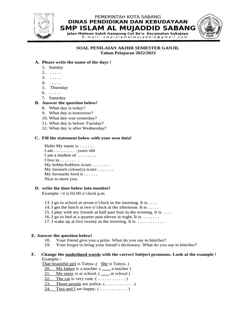 Lembar Soal Ujian Semester Ganjil Kelas 1 | PDF | Cuisine | Meal