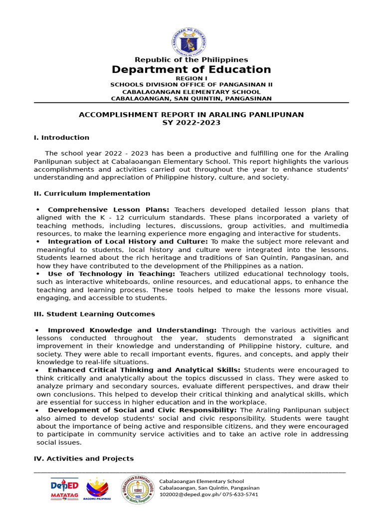 Cabalaoangan Elementary School Report | PDF | Lesson Plan | Curriculum