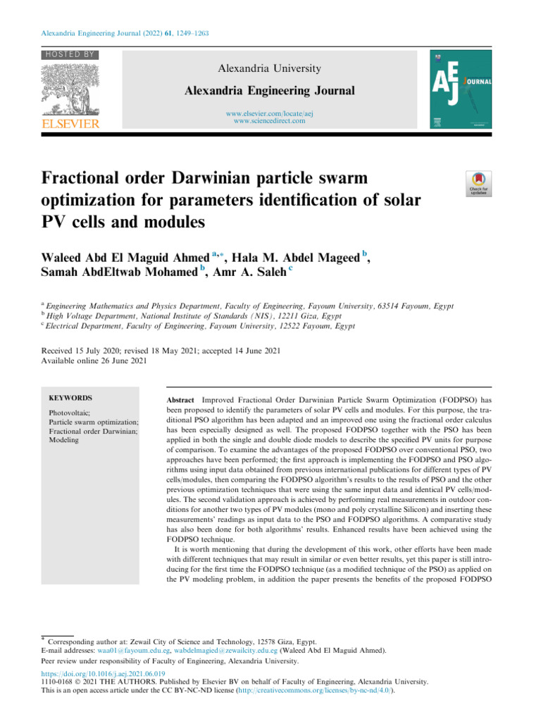 Fractional Order Darwinian Particle Swarm 2022 Pdf Photovoltaics Photovoltaic System