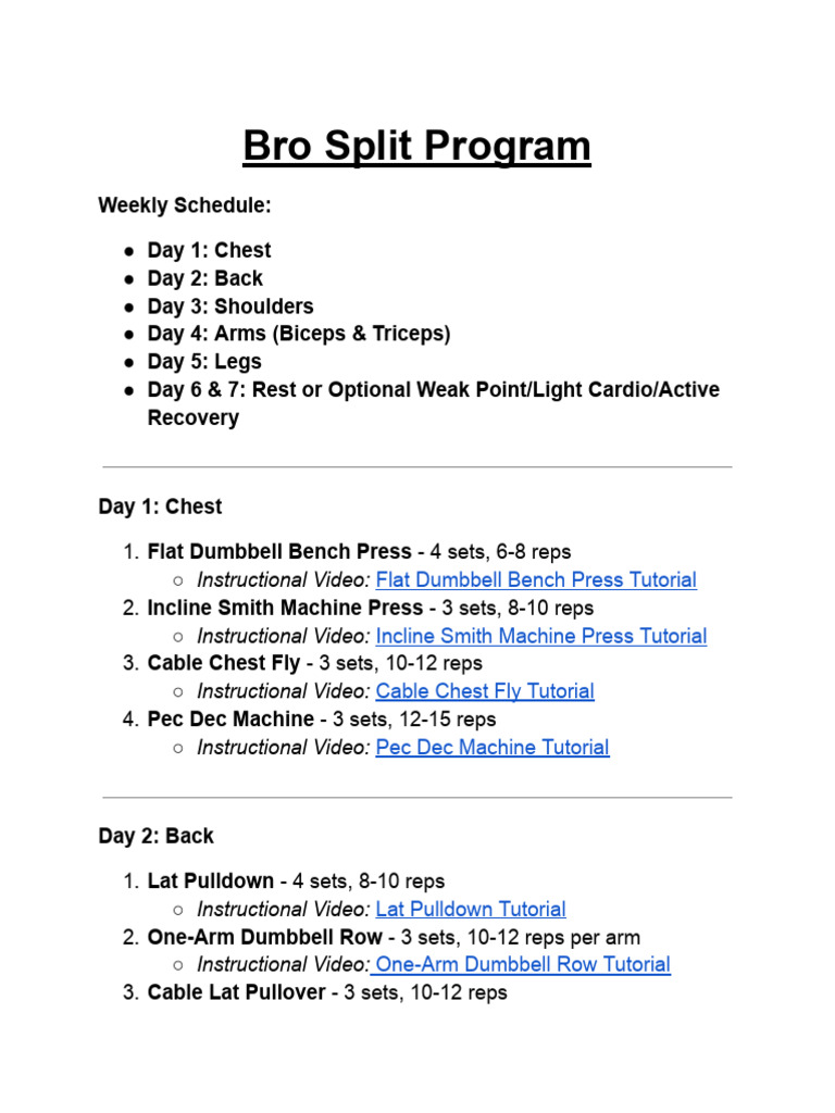 BRO SPLIT (2) | PDF | Limbs (Anatomy) | Weight Training