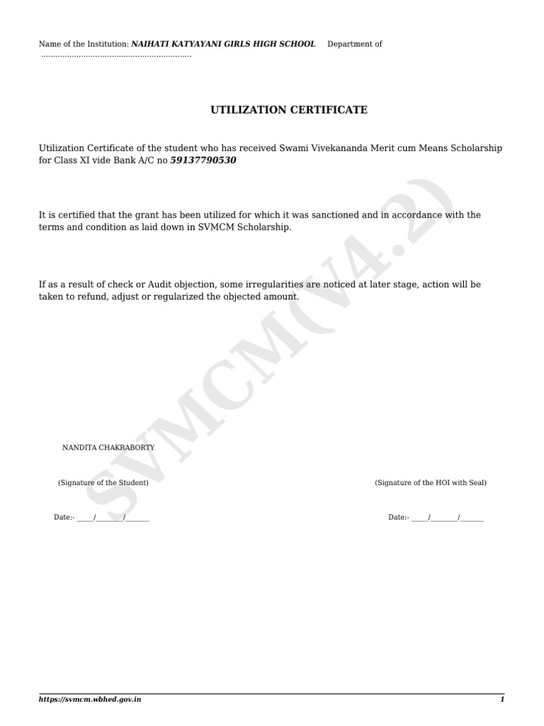 SVMCM Utilization Certificate Template | PDF