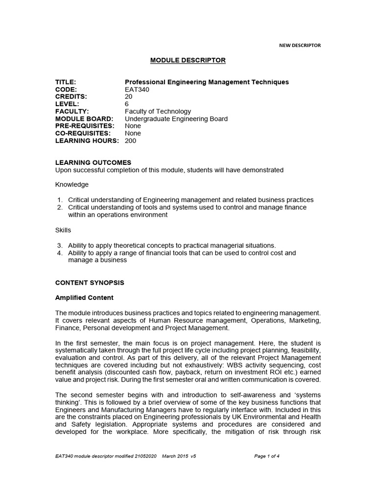 0.0.MODULE DESCRIPTOR(4Pages) | PDF | Project Management | Risk