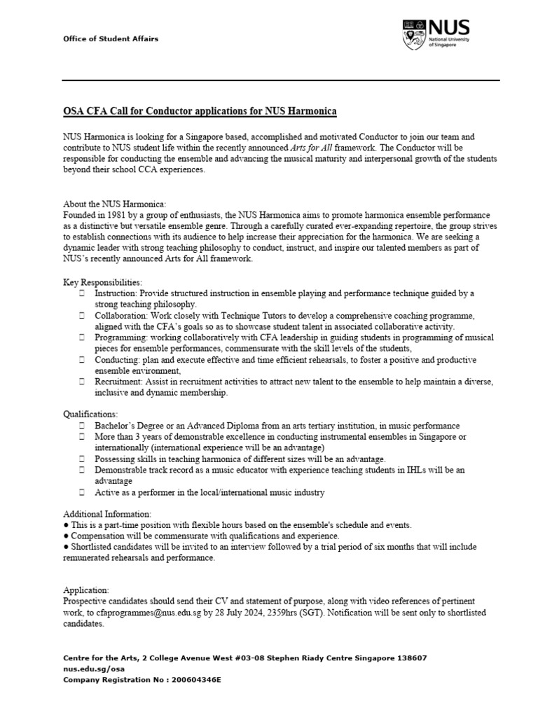 CFA - Call For Music Conductor - NUS Harmonica - Final AY2425 | PDF | Conducting