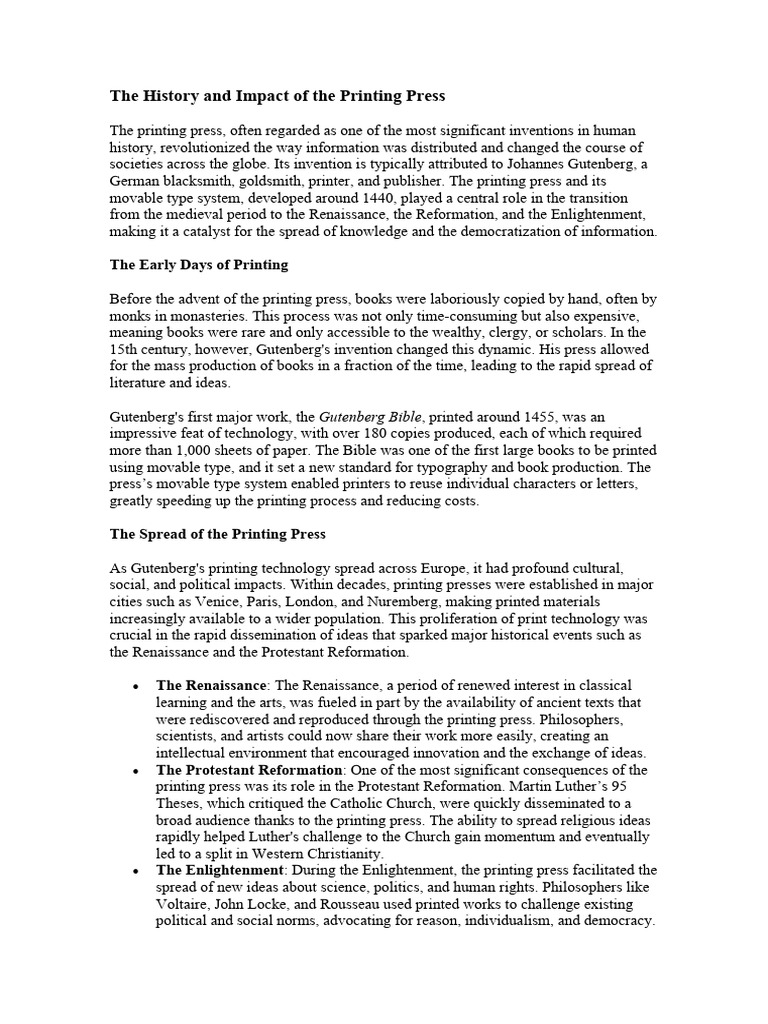 The History and Impact of the Printing Press | PDF | Printing Press | Johannes Gutenberg