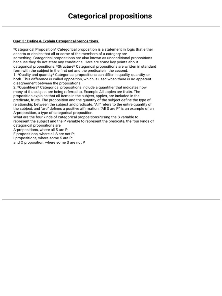 Que: 3: Define & Explain Categorical Propositions | PDF