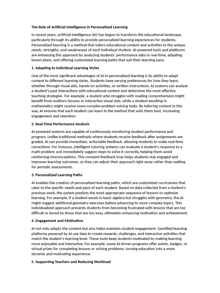 The Role of Artificial Intelligence in Personalized Learning | PDF | Artificial Intelligence ...