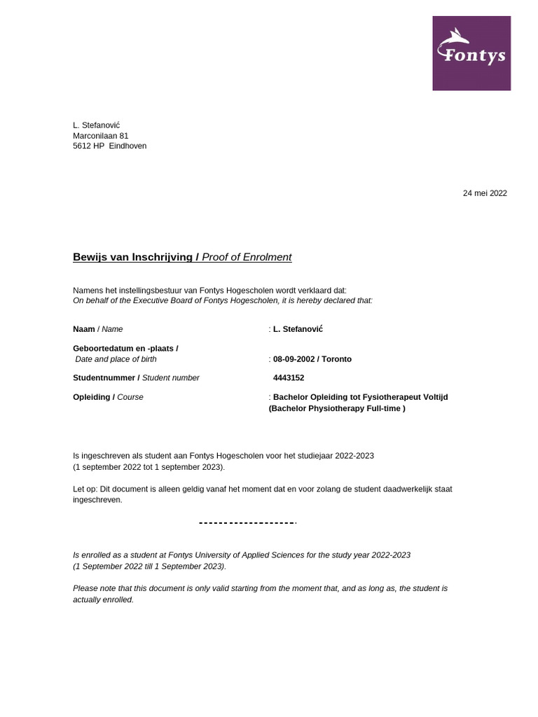 Bewijs Van Inschrijving | PDF