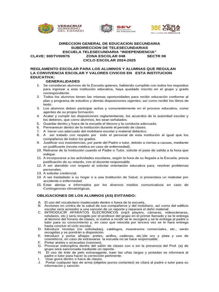 Reglamento Escolar 2024-2025 | PDF | Escuelas | Educación Secundaria