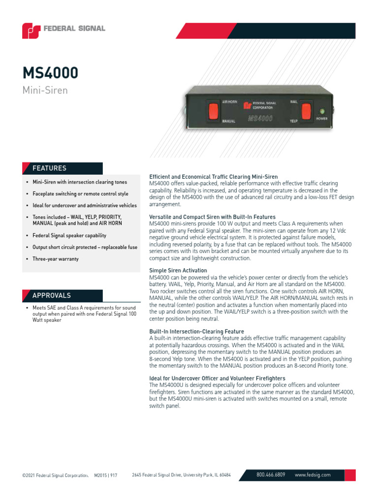 M2015 MS4000 Mini-Siren Data Sheet LR | PDF | Switch | Electrical Engineering
