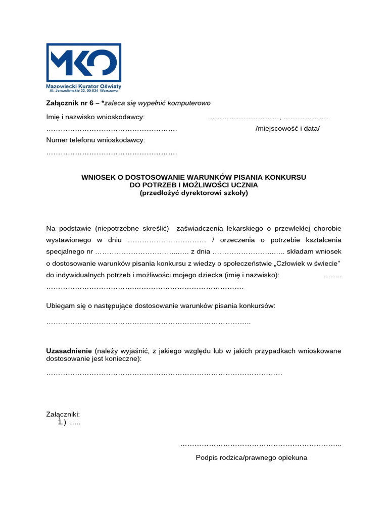 Zal Nr 6 - Wniosek o Dostosowanie | PDF