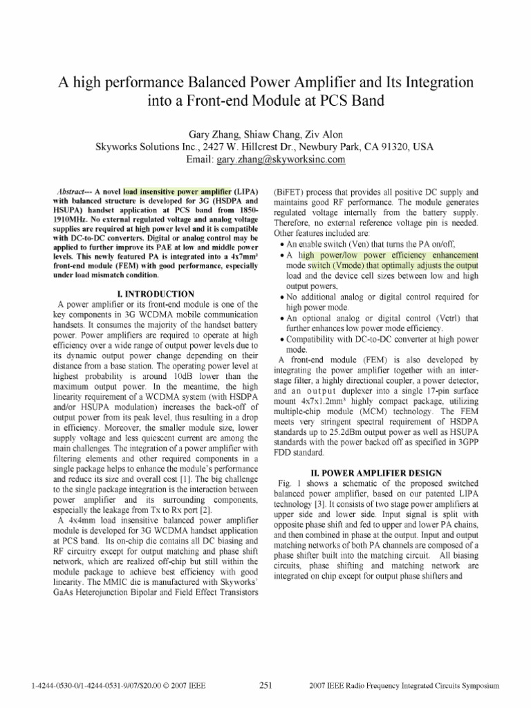 A High Performance Balanced Power Amplifier and Its Integration Into A Front-End Module at PCS ...