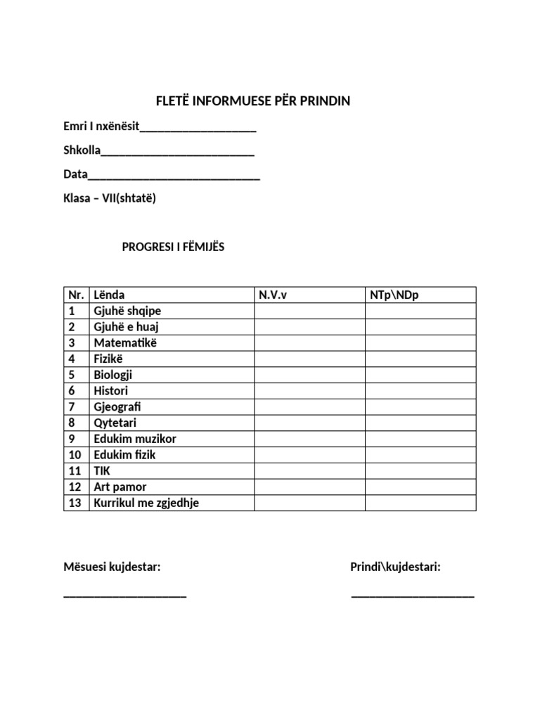 Fletë Informuese Për Prindin Kl 9 | PDF