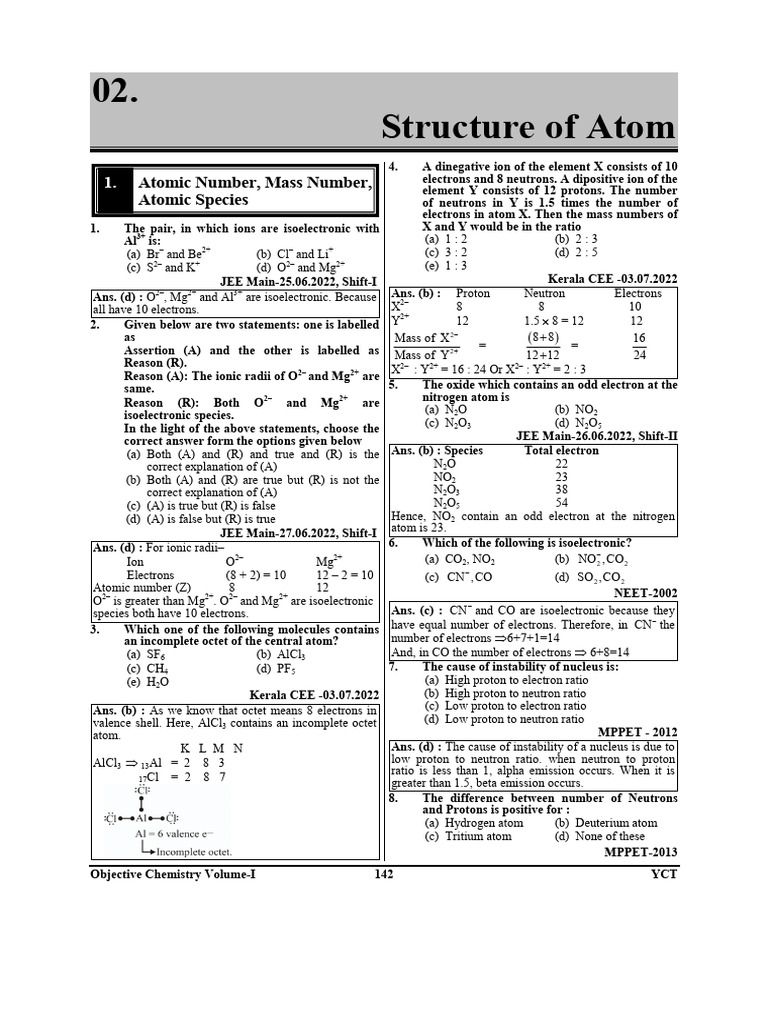 YCT Structure of Atom NEET JEE Questions Practice | PDF | Atomic Nucleus | Proton