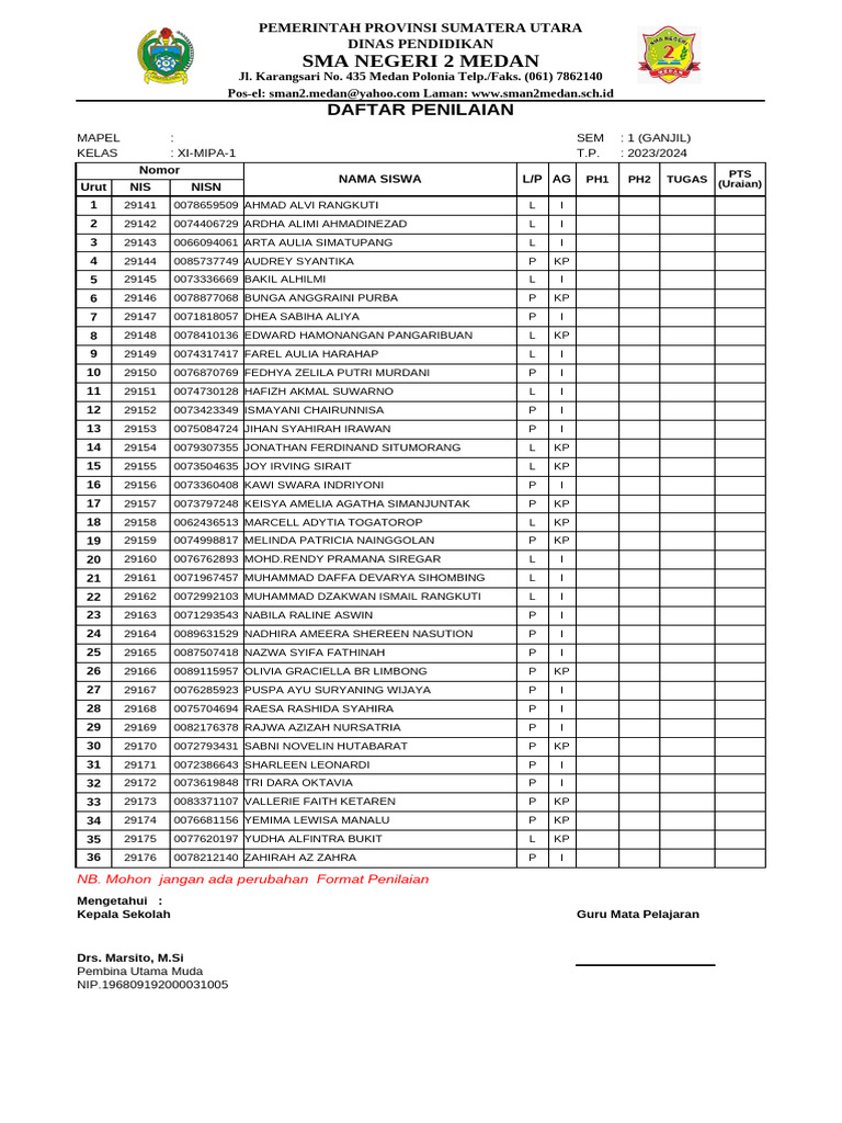 Format Daftar Nilai Kelas XI 2023-2024 | PDF