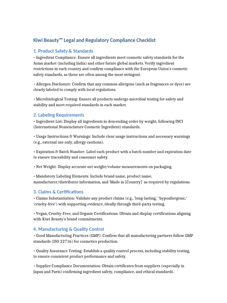 Kiwi Beauty Legal and Regulatory Compliance Checklist Professional v3 ...
